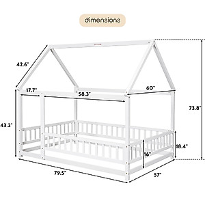 Full Size House Floor Bed Wooden Montessori Bed with Fence and Roof for Kids Playhouse Style Bed Frame for Girls Boys Teens, White
