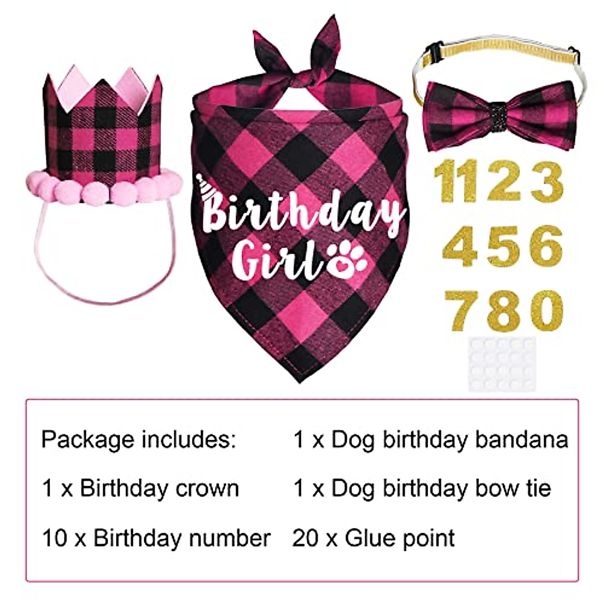 JOTFA Dog Birthday Party Supplies, Plaid Dog Birthday Bandana Girl with Dog Birthday Number Crown Hat Bowtie for Small Medium Dogs Birthday Outfit (Pink, Bandana & Hat & Bow Tie & Number)