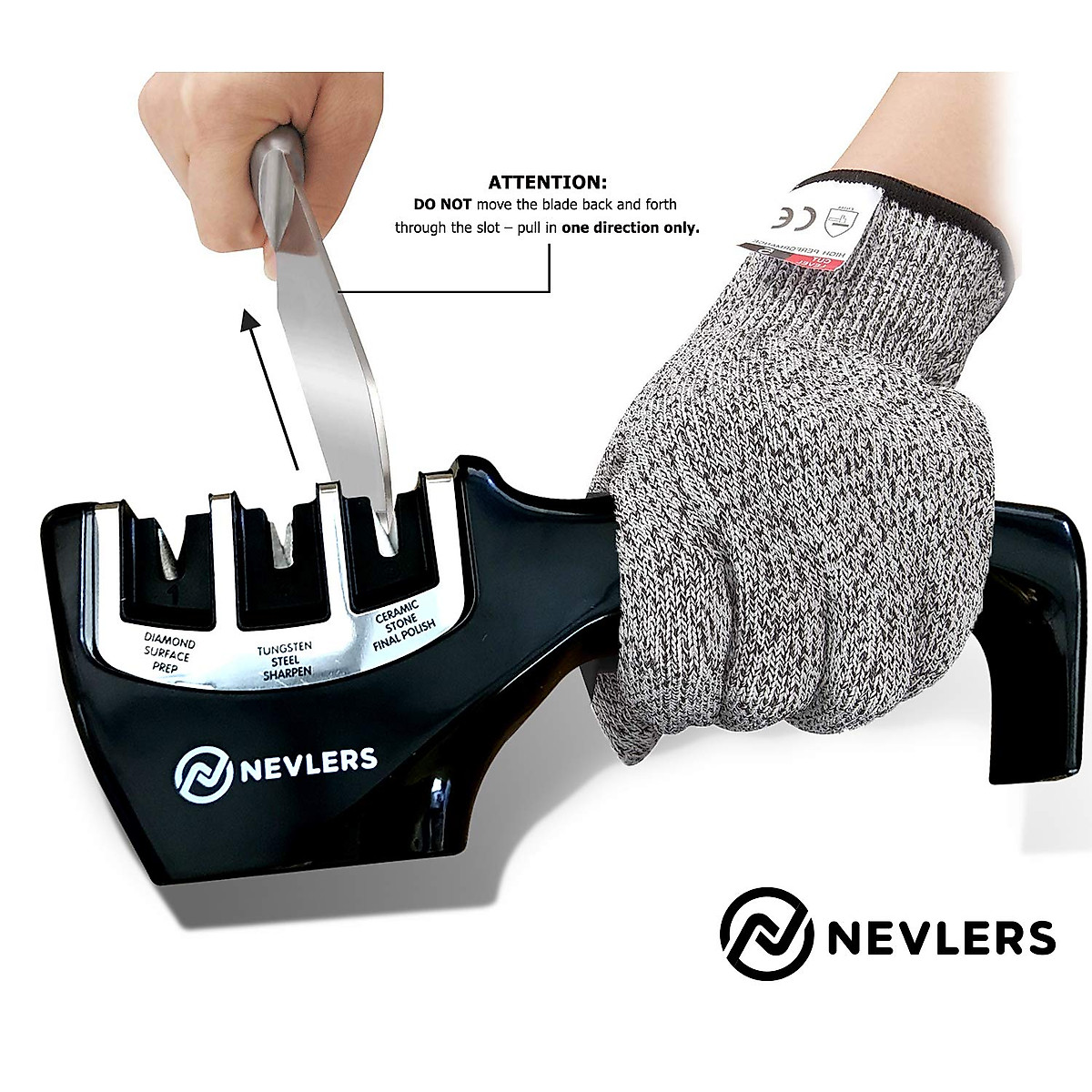 Nevlers 3 in 1 Kitchen Knife Sharpener with Cut Resistant Gloves | Knife Sharpeners for Kitchen Knives Preps, Repairs, Sharpens | Blade Sharpener with Diamond, Ceramic & Tungsten Steel Slots (Black)
