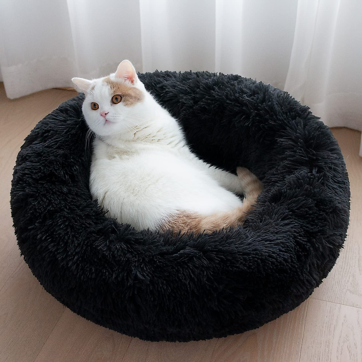 Patas Lague Calming Dog Bed for Small Dogs, Fluffy Soft Cozy Cat Bed, Faux Fur Anti-Anxiety Plush Washable Pet Donut Cuddler for All Seasons 20IN, Black