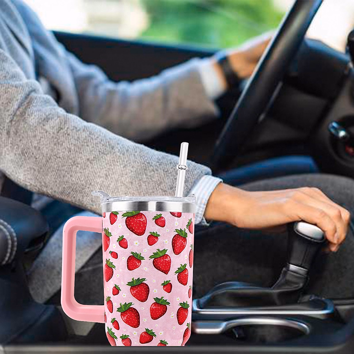 WENININOK Strawberry Cup 40 OZ Tumbler with Handle and Straw Lid Leak Proof - Strawberry Travel Coffee Mug with Handle Insulated for Hot Cold Ice - Birthday Gifts for Women Stainless Steel Cup