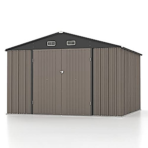 Patiowell 10 x 10 FT Outdoor Storage Shed,Metal Yard Shed with Design of Lockable Doors, Utility and Tool Storage for Garden, Patio, Backyard, Outside use,Brown