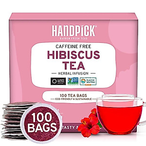 HANDPICK, Hibiscus Tea Bags - 100 Count | Caffeine-Free, Pure Ingredients - Hibiscus Flowers | Brew Hot, Iced Tea or Kombucha Tea | Round Nutritious Herbal Tea Bags