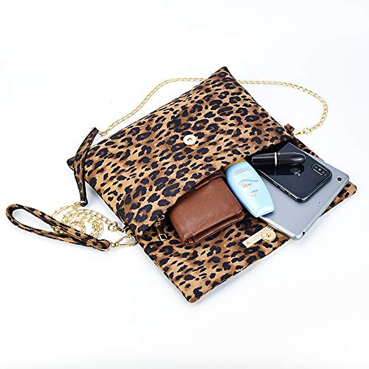 LIFEMATE Leopard Clutch Shoulder Crossbody Foldover Wristlet Bag for Women Ladies Girls PU Faux Suede Leather