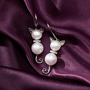 Ross-Simons 7.5-9mm Cultured Pearl and Diamond-Accented Cat Drop Earrings in Sterling Silver