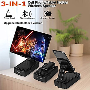 Cell Phone Stand with Bluetooth Speaker,Wireless Speaker with Anti-Slip Holder and Charging Station Compatible for iPhone/iPad/Samsung and More,Adjustable Angle and Height,Gifts for Men and Women