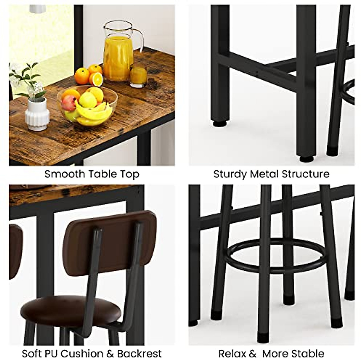 AWQM Bar Table Set of 2,39.3" Pub Height Table & 2 PU Upholstered Stools with Backrest,Industrial 3 Piece Breakfast Bar Table Sets,for Living Room,Kitchen,Bar,Rustic Brown & Black & Brown