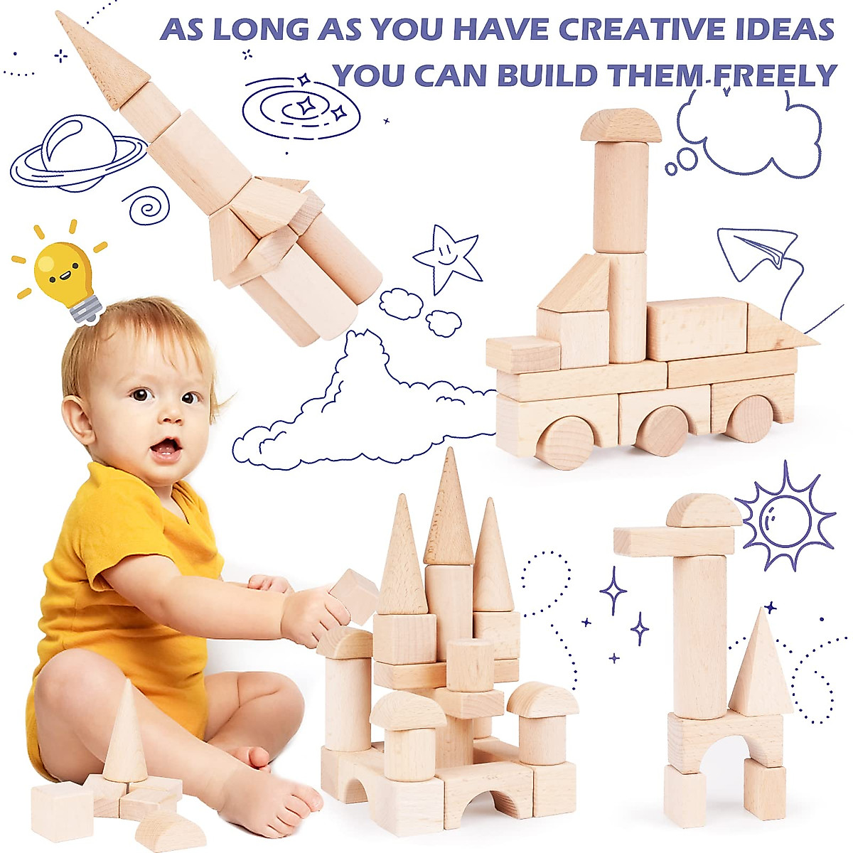 GenJuw 100Pcs Wooden Building Blocks Set- Wood Stacker Stacking Blocks Game Toys for Toddlers, Multiple Shapes, Toddles Blocks- Baby Wooden Blocks for Kids Learning and Playing