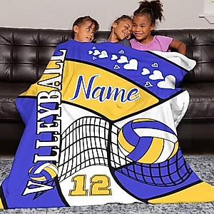Zaaprint Volleyball Blue Gold Personalized Blankets with Name Customized Baby Blankets for Girls Boys Adults Kids Day Gift(50x60 inch)