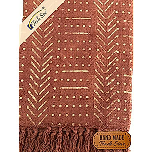 Trade Star Decorative Ethnic Block Print Throw Blanket for Couch 100% Cotton Soft Tassel Blanket Handmade Mudcloth Throw for Home Handloomed Housewarming Gift (Rust, Snow (120 x 170 Cms))
