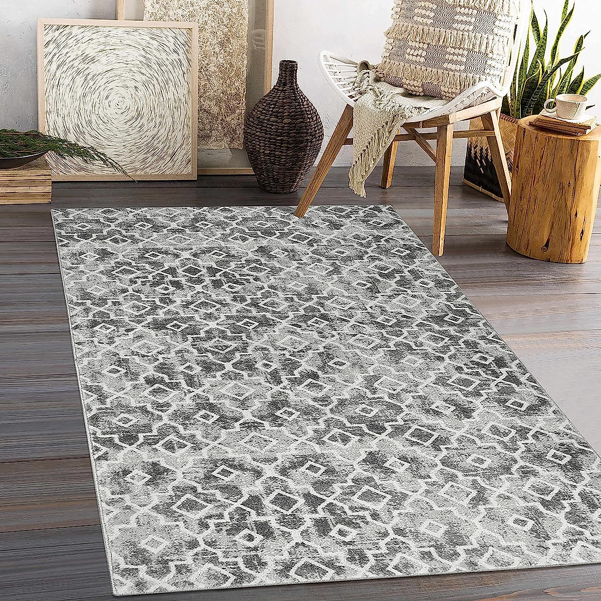 Moynesa Washable Area Rug- 3x5 Moroccan Entryway Throw Rug Non-Slip Kitchen Carpet Runner Modern Geometric Faux Wool Distressed Accent Mat Soft Floor Rugs for Living Room Bedroom Dining