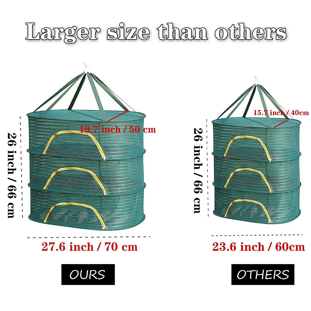 Hanging Drying Net Herb Drying Rack Foldable Fish Mesh Rack Net 19.7"x27.6"x25.5" Large 3 Layer Collapsible Dry Net with Zippers for Drying Fish Plants Vegetables Fruit Herb Flowers Clothes (Green)
