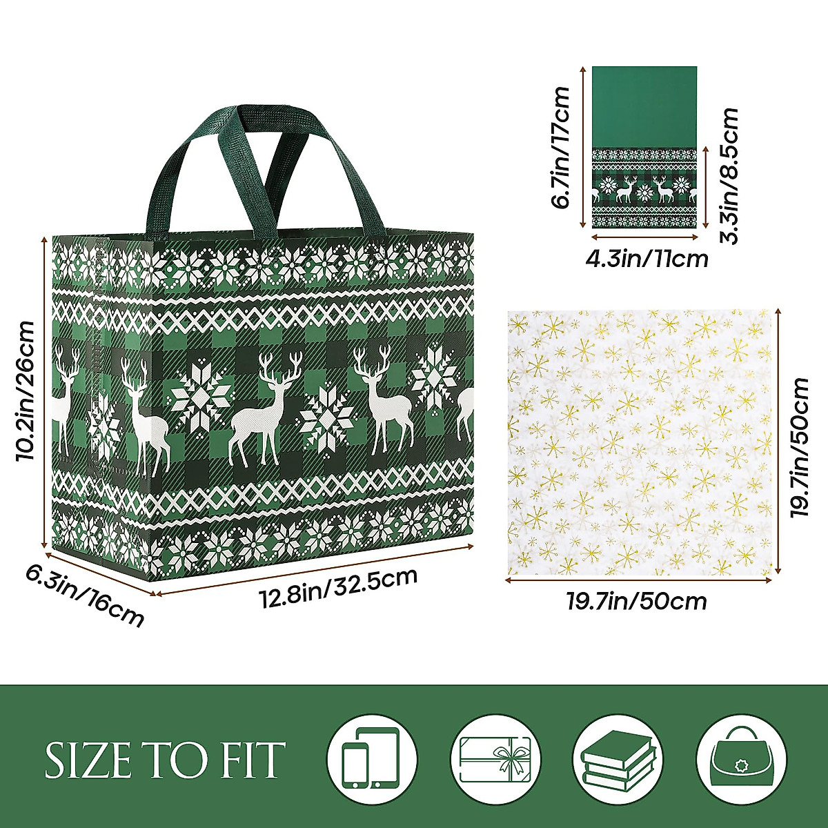 STYPOP 2 Pack 13" Large Christmas Gift Bags with Tissue Paper, Reusable Christmas Tote Bags with Handles, Non-Woven Holiday Gift Bags for Christmas Gift Wrap/Party Favor Supplies, 12.8"*10.2"*6.3"
