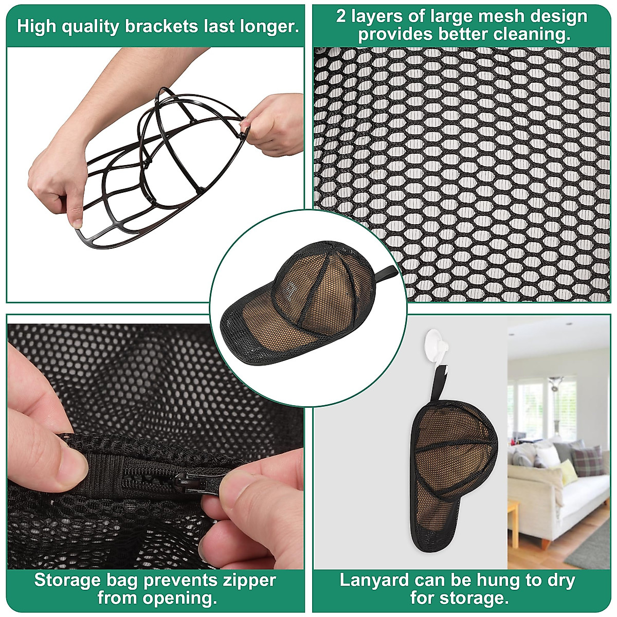 NAZZO Hat Washer for Dishwasher Washing Machine, Hat Cleaner Protector Holder for Curved Caps with Mesh Bag, Foldable Cap Washer Frame Cage Universal Adult Kids Basketball Cap, Black, 2 Pack