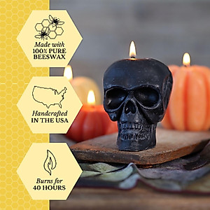 Big Dipper Wax Works Black Skull Candle, 40-Hour Long Burn, Pure Beeswax Sculpted Candle, 3.5” x 3.75”, Spooky Candle