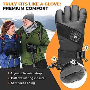 Foxelli Heated Gloves for Men & Women - 3 Heat Settings, Touchscreen Compatible, Rechargeable Waterproof Electric Gloves for Winter Outdoor Sports
