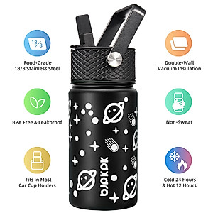 BJPKPK Kids Water Bottle with Straw Lid, 15oz Stainless Steel Water Bottles, Insulated Water Bottle for School, Reusable Leak Proof BPA Free Flask, Space Traveller