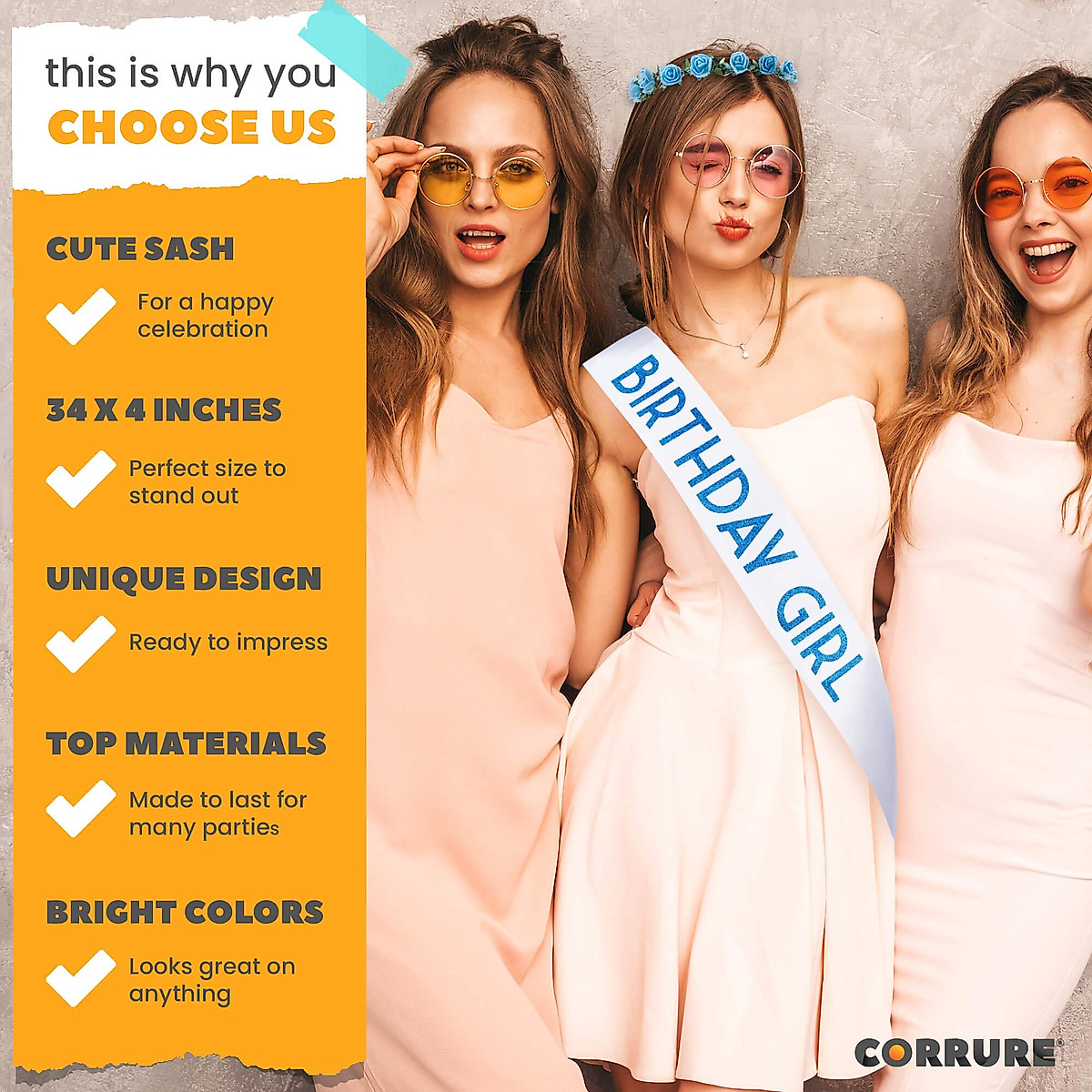 CORRURE 'Birthday Girl' Sash and Tiara - Soft Satin Black with Blue Glitter Birthday Sash for Women with Flower Headband - Ideal Sweet 16, 18th 21st 25th 30th 40th or Any Other Bday Party