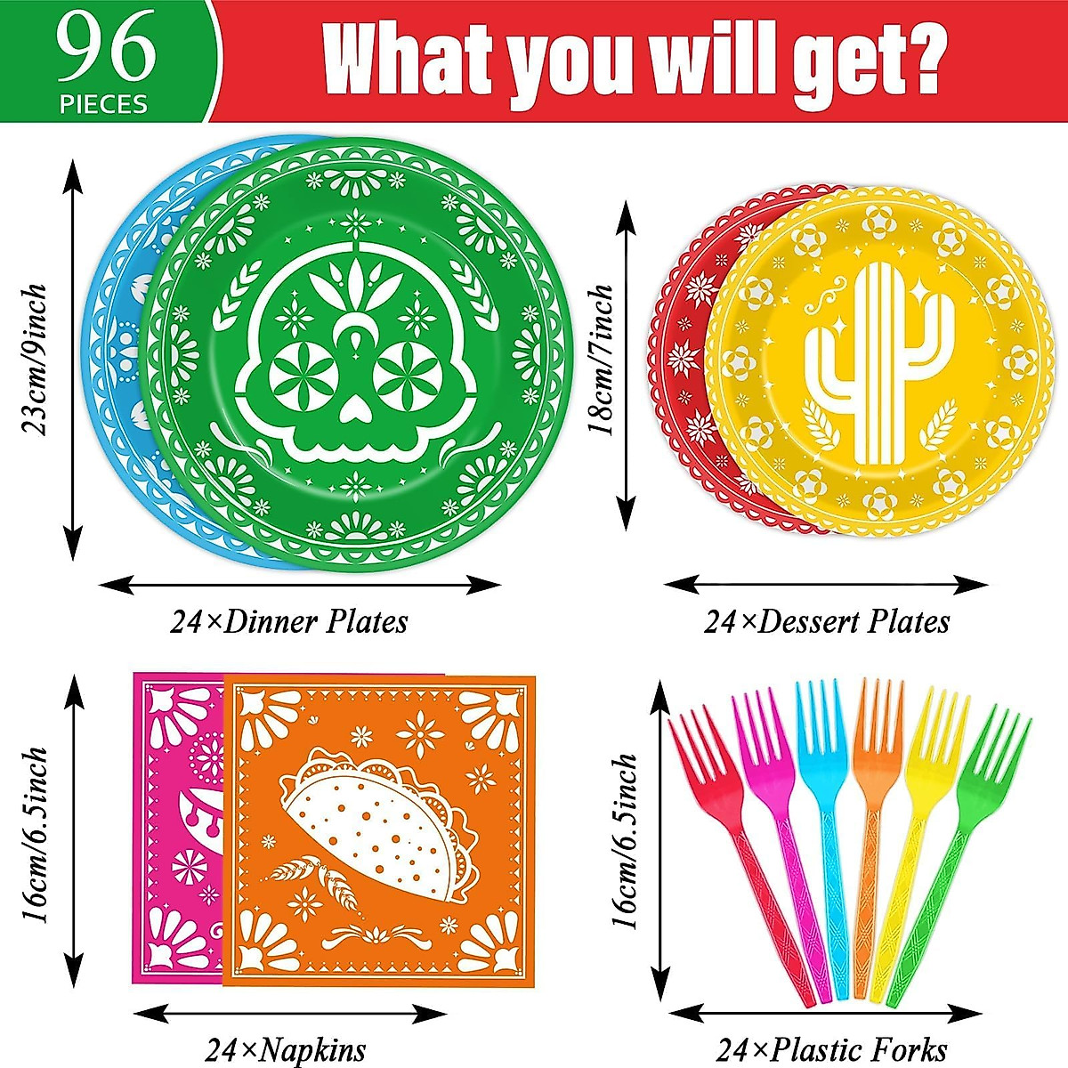 96 Pcs Mexican Fiesta Tableware Cinco De Mayo Party Supplies for 24 Guests Mexican Papel Picado Plates Napkins for Mexican Fiesta Party Decorations Fiesta Taco Birthday Baby Shower Party Favors