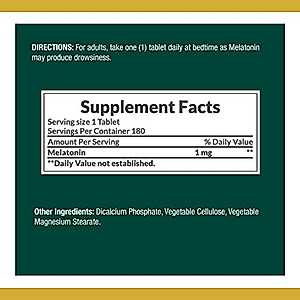 Melatonin by Nature's Bounty, 100% Drug Free Sleep Aid, Dietary Supplement, Promotes Relaxation and Sleep Health, 1mg, 180 Tablets