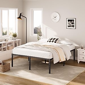 DERYONI 18 inch King Size Bed Frame No Box Spring Needed Heavy Duty Platform King Bed Frame Steel Slat Support 750lbs Easy Assembly Noise Free High Black Bed Frame King Size