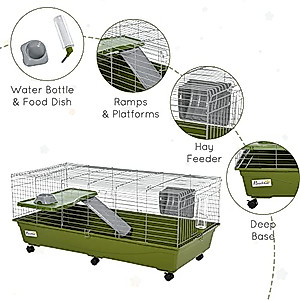 PawHut 47" Small Animal Cage Chinchilla Guinea Pig Hutch Ferret Pet House with Platform Ramp, Food Dish, Wheels, & Water Bottle