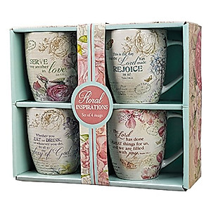 Christian Art Gifts Ceramic Coffee/Tea Mug Set for Women | Vintage Botanic Floral Inspirations Design Bible Verse Mug Set | Boxed Set/4 Coffee Cups