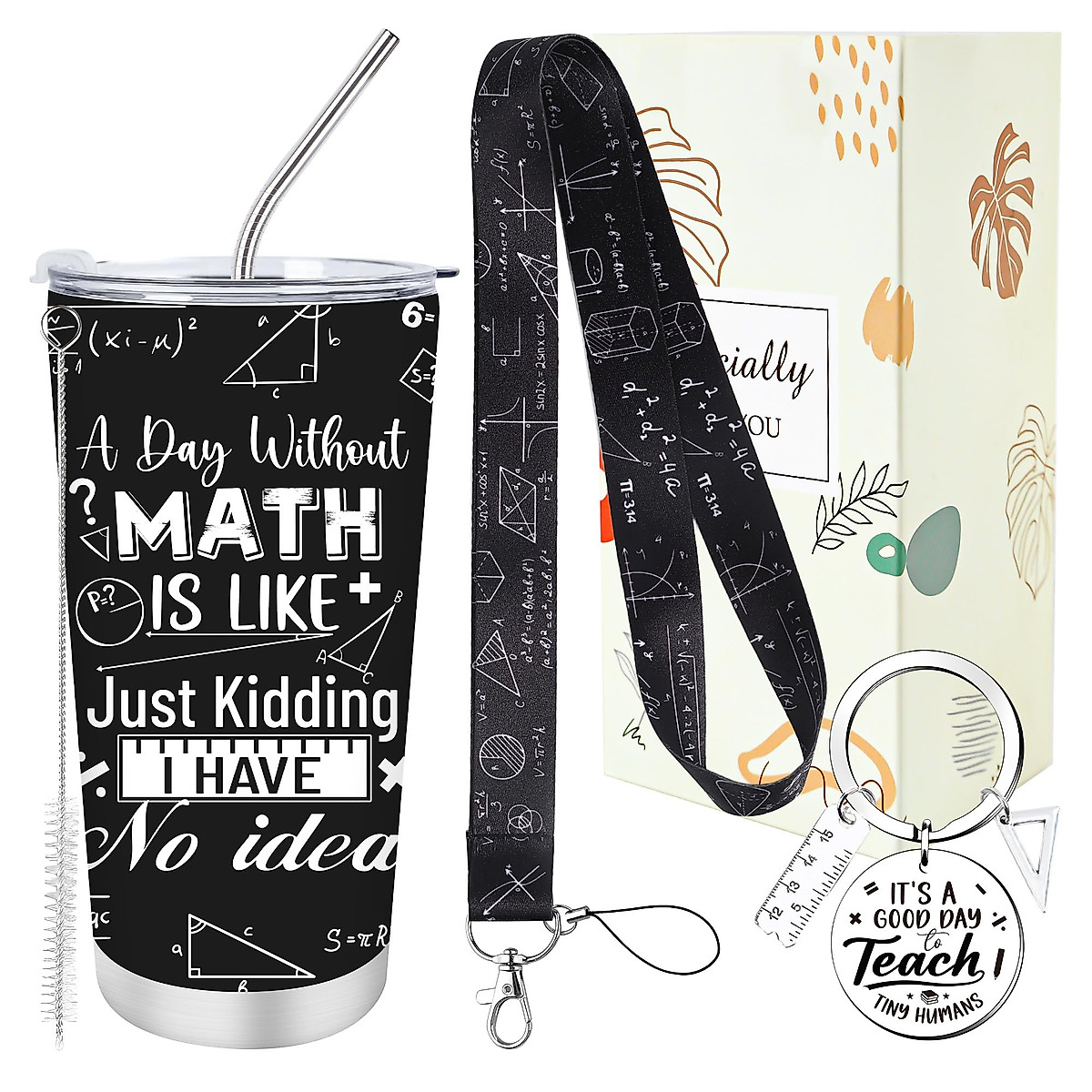 Keluna Math Teacher Appreciation Gifts - 3Pcs Math Teacher Gift Set, 20oz Tumbler with Lid Straw, Lanyards for ID Badges and Keychain, Math Teachers Thank You Appreciation Birthday Christimas Gifts