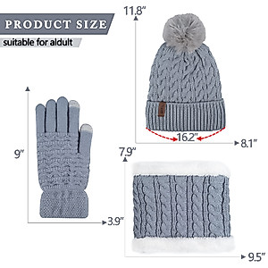 Womens Winter Beanie Hat Scarf and Gloves Set Girls Cable Beanies with Pompom Infinity Scarf Knitted Touch Screen Gloves Sets for Cold Weather Ladies Grey Knit Thick Warm Soft Fleece Lined Thermal Cap