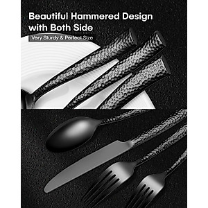 EUIRIO 48-Piece Black Hammered Silverware Set for 8, Stainless Steel Flatware Set with Steak Knives, Mirror Polished Tableware Cutlery Set, Include Forks Spoons and Knives Set, Dishwasher Safe