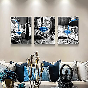 Canvas Wall Art For Kitchen Wall Decor For Dining Room Black And White Wine Glasses Painting Modern Blue Wine Canvas Art Prints Ready To Hang Pictures For Restaurant Home Decorations 12"X16" 3 Pieces