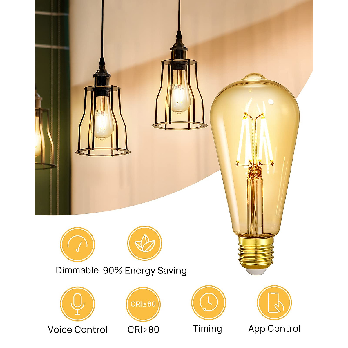 Linkind Smart Edison Bulbs, WiFi LED E26 Edison Bulbs, Dimmable ST64 Vintage Filament Light Bulb, 45W Equivalent, 2200K Soft White, 350lm, Compatible with Alexa, Google Home, No Hub Required, 4 Pack
