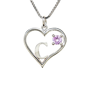 Arbach’s Icy Jewelry - Sterling Silver Box Chain Personalized Birthstone Pendant Statement Necklace - Heart & Letter (C)