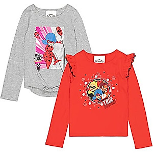 Miraculous Ladybug Cat Noir Rena Rouge Little Girls 2 Pack Ruffle T-Shirts Gray/Red 4-5