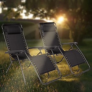 KEPLIN Zero Gravity Chairs Set of 2 with Canopy - Made of Textoline I Heavy Duty Lounger for Garden I Patio Sun Loungers I Folding Reclining Chairs (Black)
