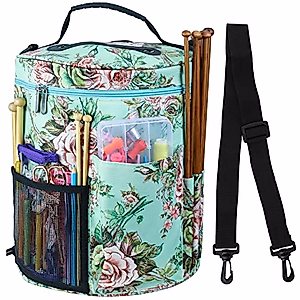 Large Capacity/Portable/Lightweight Yarn Storage Knitting Tote Organizer Bag with Shoulder Strap Handles Looen W/Pockets for Crochet Hooks & Knitting Needles … (Peony Flower)