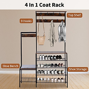 Lynxor Hall Tree with Bench and Shoe Storage, Entryway Coat Rack Shoe Bench with Mat, Freestanding 4-in-1 Coat and Shoe Rack with Wall Rack 9 Hooks Top Shelf for Entrance Foyer Rustic Brown