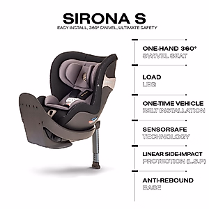 CYBEX Sirona S with SensorSafe, Convertible Car Seat, 360° Rotating Seat, Rear-Facing or Forward-Facing Car Seat, Easy Installation, SensorSafe Chest Clip, Instant Safety Alerts, Premium Black