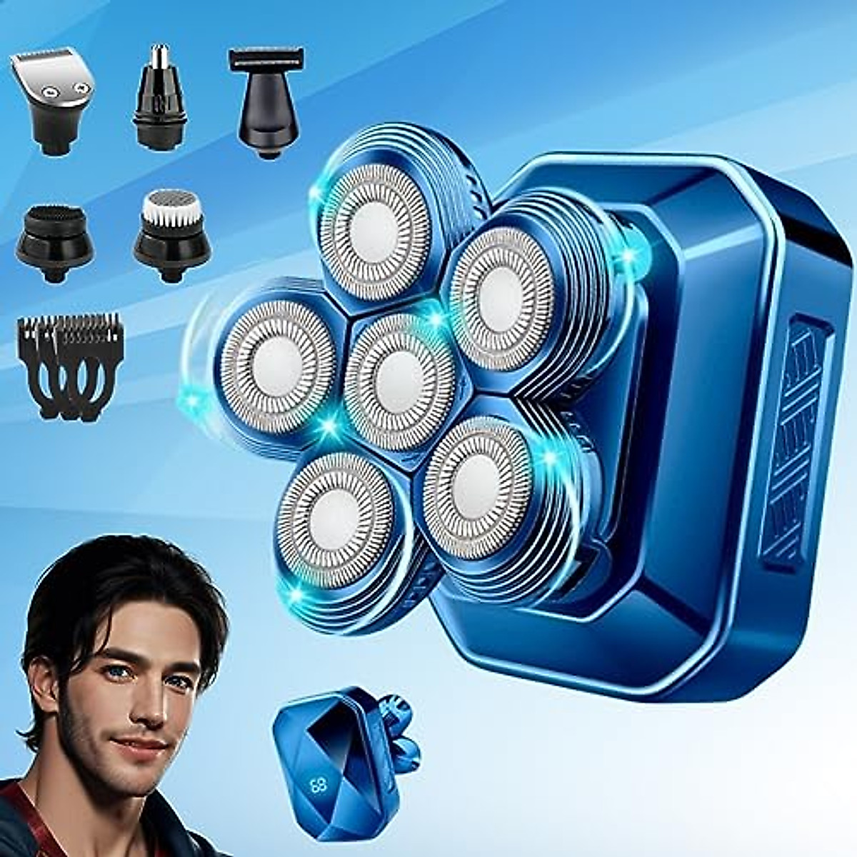 2023 Head Shavers for Men, New Upgrade 6-in-1 Bald Head Shaver, LED Electric Razor Waterproof Rechargeable, Wet &Dry Rotary Cordless Shaver Grooming Kit with Beard Clippers Nose Trimmer Mens Gift