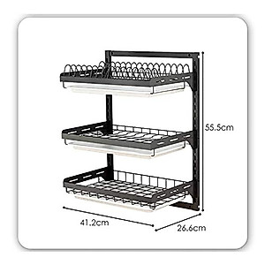 FEHUN Sinks,3-Layer Wall-Mounted Dish Drying Rack，Kitchen Rack,201 Stainless Steel Kitchen Dish Rack Drain Rack with Drain Tray