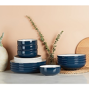 GBHOME 8.75'' Large Pasta Bowls Set of 4, 42oz Stoneware Deep Salad Pasta Bowls for Kitchen, Chip-resistant Bowls Set for Salad Pasta Meal, Microwave and Dishwasher Safe, White-Cobalt