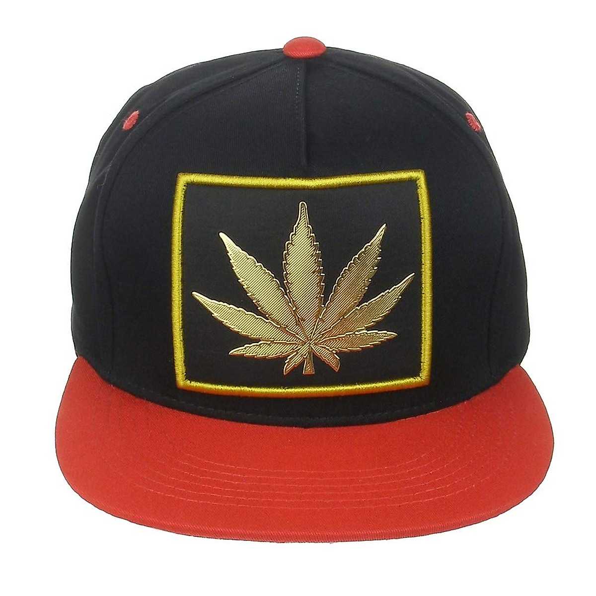 Top Level Flat Brim Snapback Metallic Marijuana Logo High Definition Embroidery Hat/Cap Black/Red
