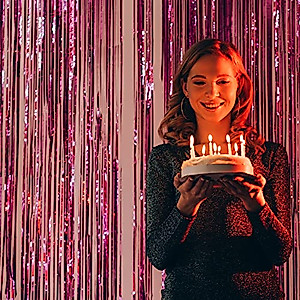 CHRORINE 2pcs 3ft x 8.3ft Pink Tinsel Foil Fringe Curtains Streamers Backdrop for Pink Party Birthday Wedding Bachelorette Baby Shower Bridal Shower Decorations