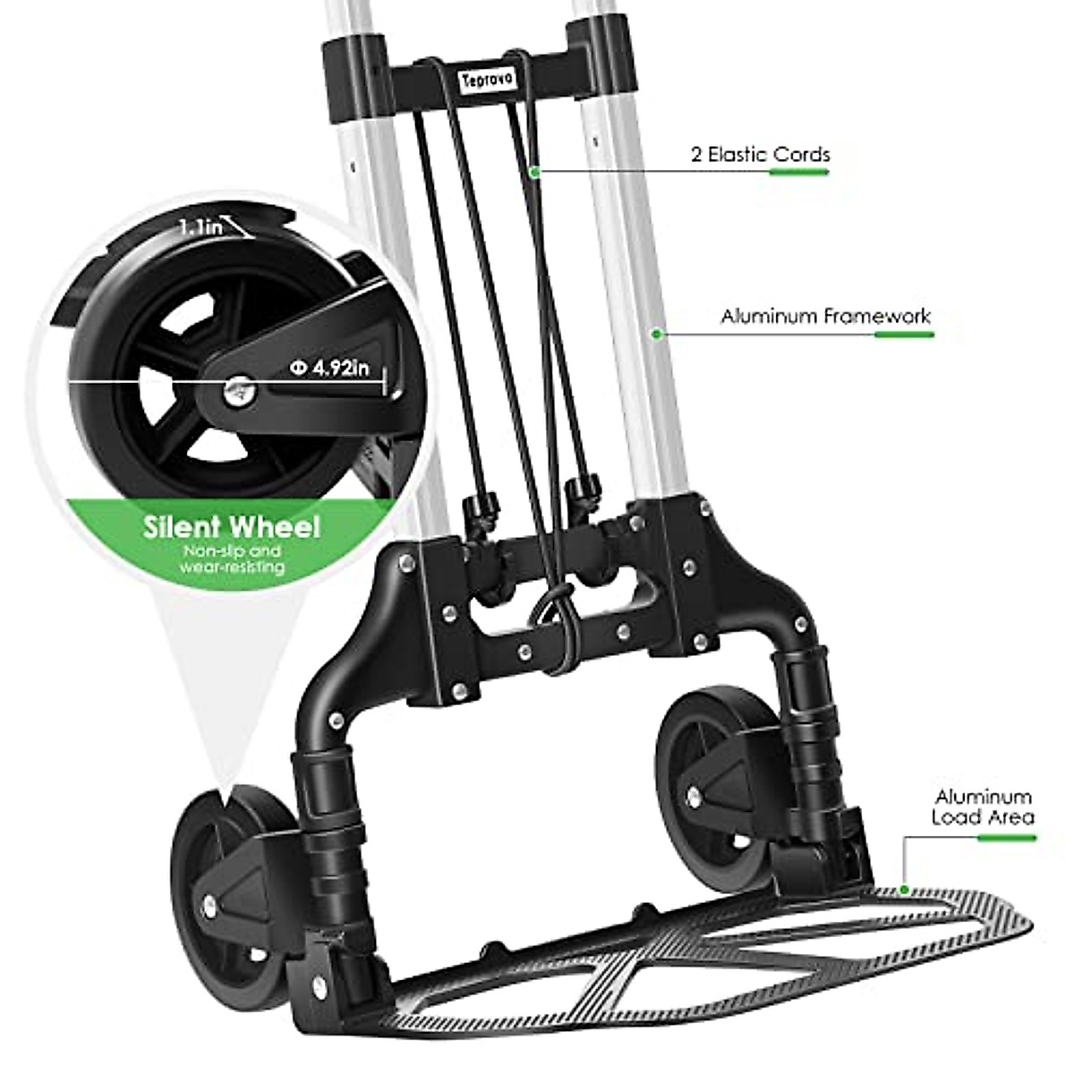 Teprovo Folding Hand Truck Dolly Extended Handle,Height 43.3in Aluminum Fold Up Dolly, Portable Hand Truck Folding Lightweight, Foldable Hand Cart 175lbs Capacity,Home, Auto, Office, Travel Use