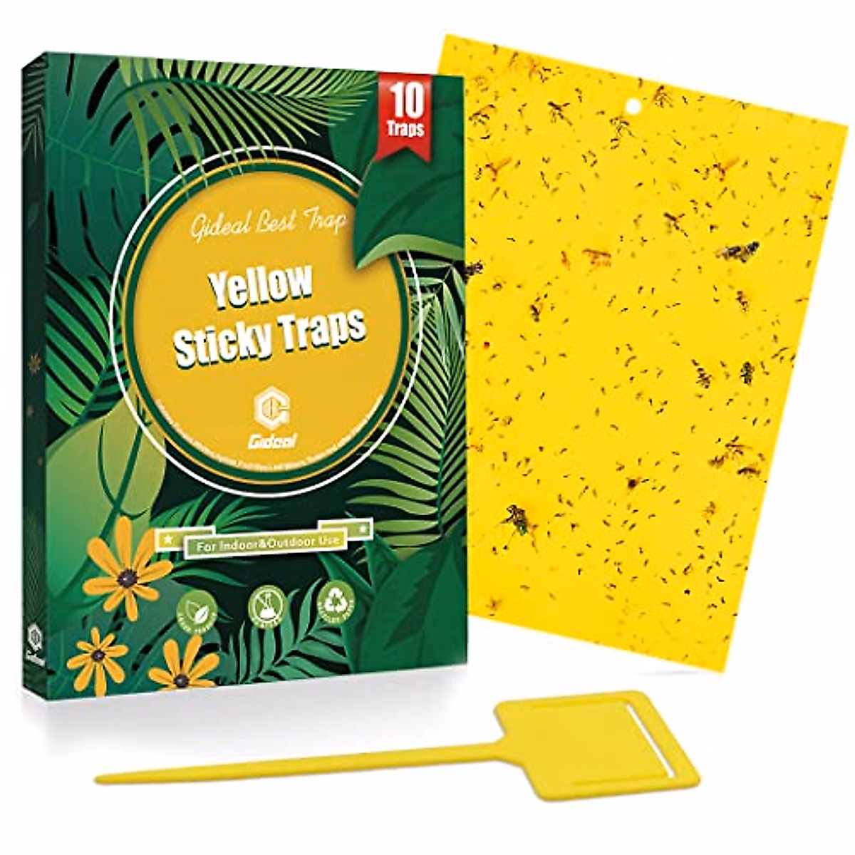 Gideal 10-Pack Dual-Sided Yellow Sticky Traps for Flying Plant Insect Such as Fungus Gnats, Whiteflies, Aphids, Leafminers,Thrips - (6x8 Inches, Included 10pcs Twist Ties)