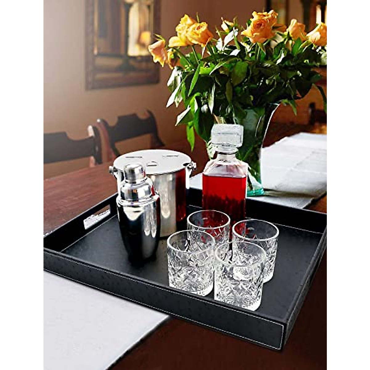 Ranslen Serving Tray with Handles, 20 x 16 Inch Rectangular Leather Tray for Coffee Table, Breakfast, Kitchen Home Black Tray Decor Extra Large