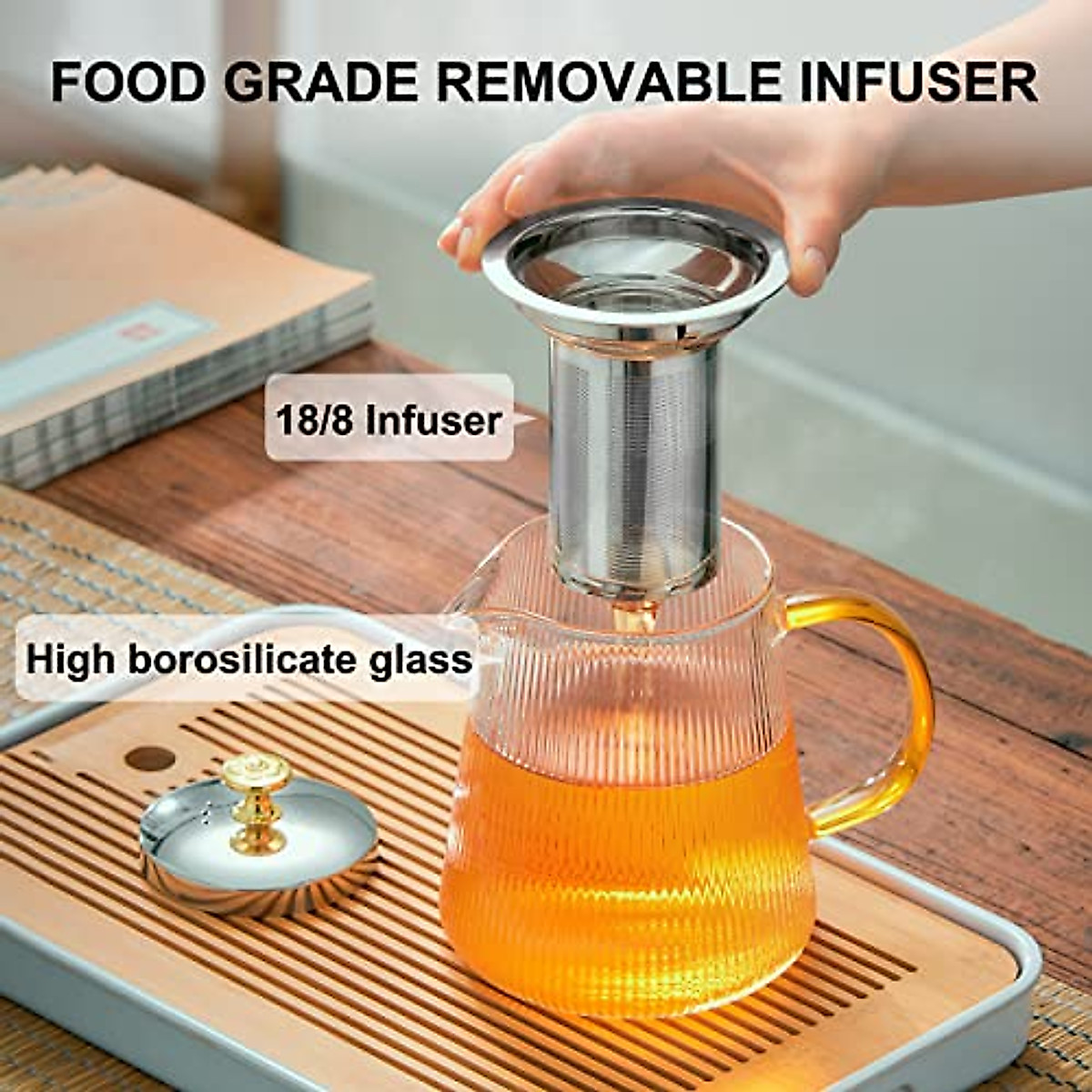 PARACITY Glass Teapot Stovetop 34 OZ with Vertical Stripes, Borosilicate Clear Tea Kettle with Removable 18/8 Stainless Steel Infuser, Blooming and Loose Leaf Tea Maker Tea Brewer
