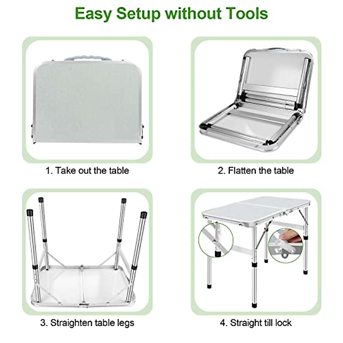 JUOIFIP Folding Camping Table Outdoor, 2 Adjustable Height Portable Folding Camping Table for Camp, Lightweight Aluminum Fold Up Camp Table for Picnic, BBQ, Party, Travel, Home Use. White
