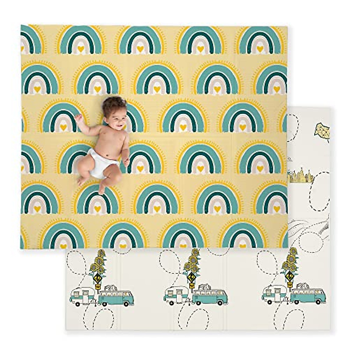 JumpOff Jo - Large Waterproof Foam Padded Play Mat for Infants, Babies, Toddlers, Play Pens & Tummy Time, Foldable Activity Mat, 70 in. x 59 in. - Road Trip