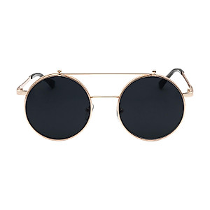 J&L Glasses Retro Flip-Up Round Goggles Steampunk Sunglasses (Golden,Black, Clear)